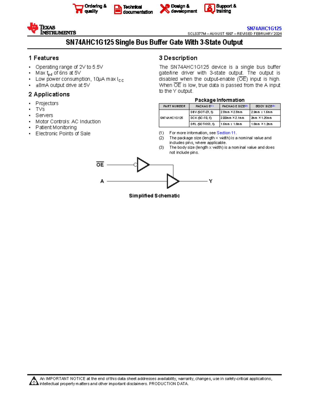 SN74AHC1G125DCKR Data Sheet: Single Bus Buffer Gate Overview - Studocu