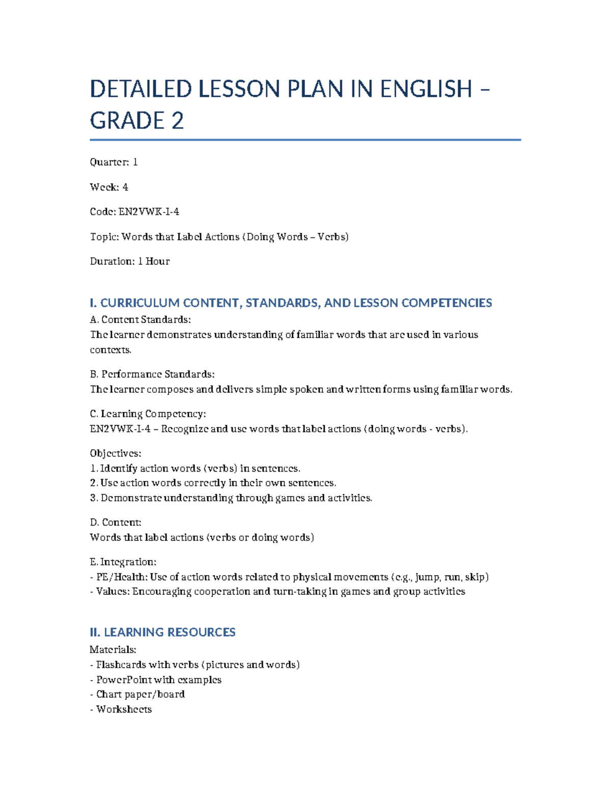 DETAILED LESSON PLAN: ACTION WORDS (VERBS) - GRADE 2, Q1 W4 - Studocu