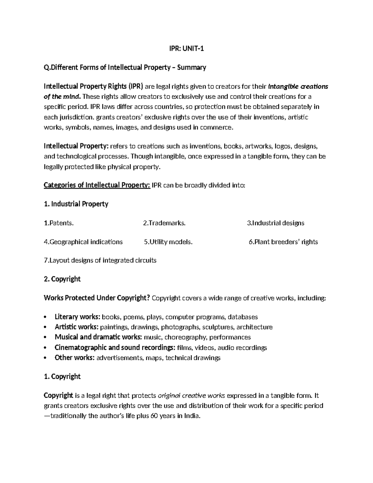 IPR-UNIT 1: Summary of Different Forms of Intellectual Property - Studocu