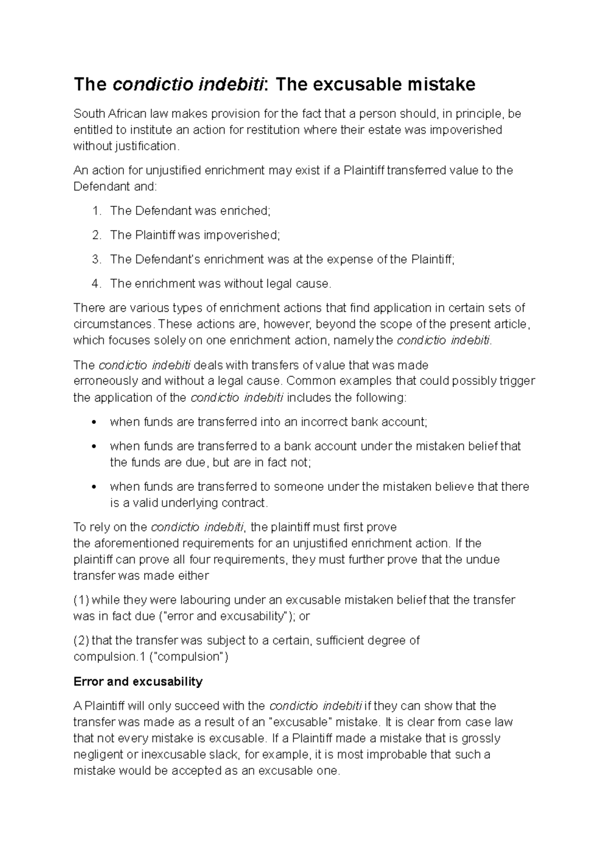 The condictio indebiti: Understanding the excusable mistake in Law ...