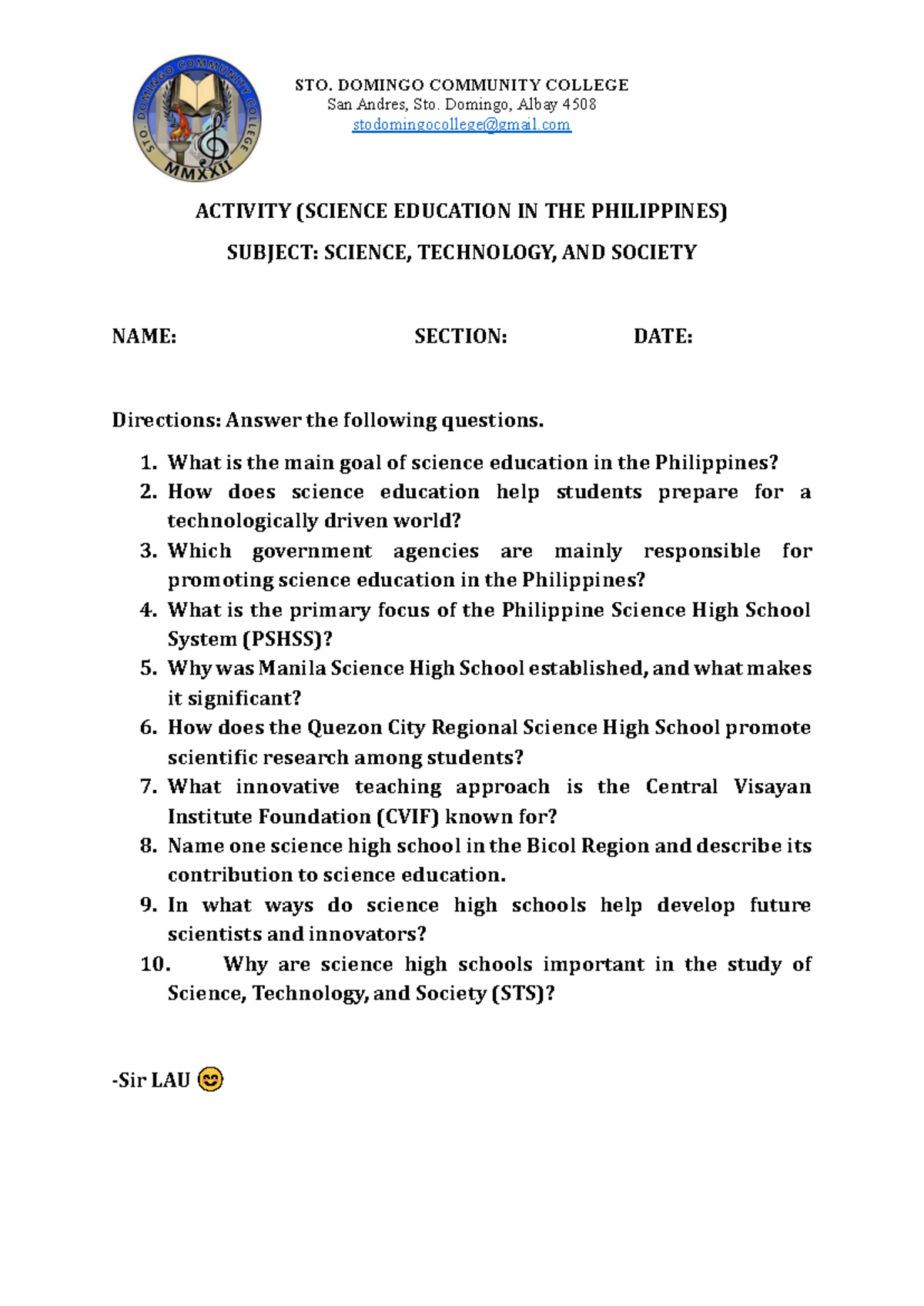 Activity on Science Education in the Philippines (STS) - LAU - Studocu