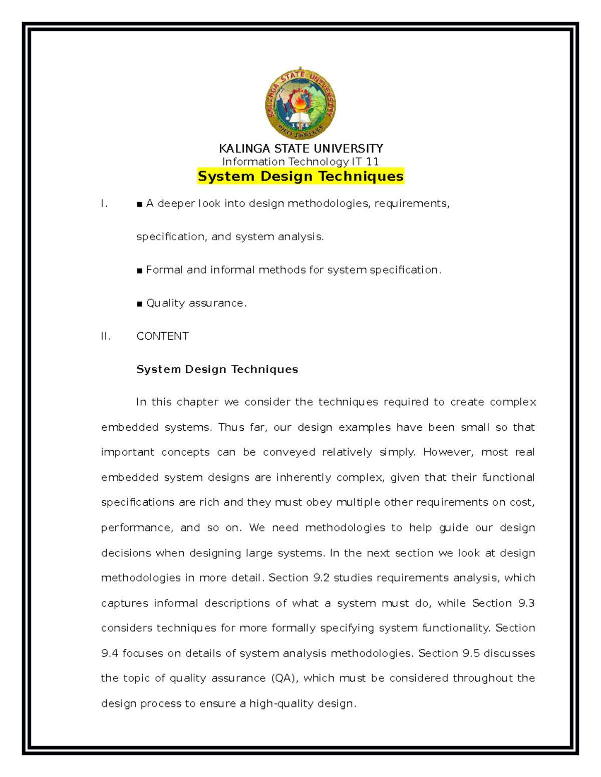 System Design Techniques Information Technology - KALINGA STATE ...