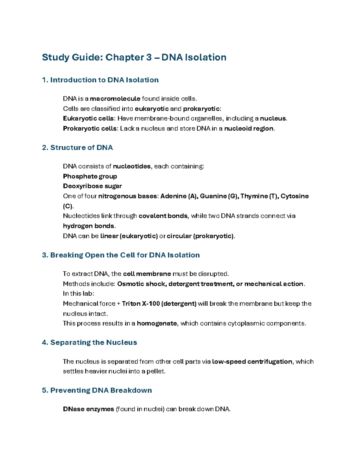 QUIZ DNA ISOLATION STUDY SHEET - Study Guide: Chapter 3 – DNA Isolation ...