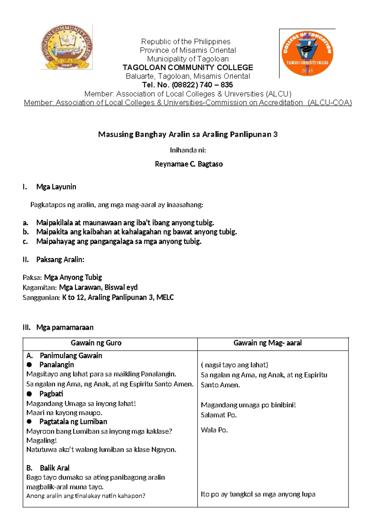 Masusing Banghay Aralin sa Araling Panlipunan 3: Mga Anyong Tubig - Studocu