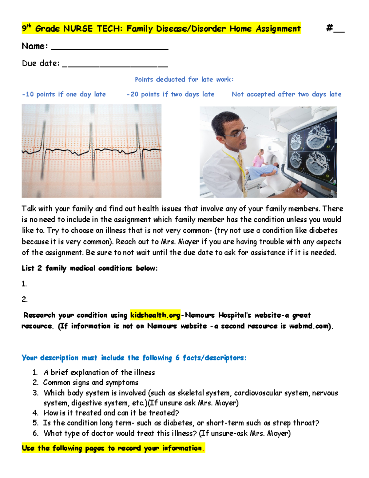9th Grade NURSE TECH: Family Health Condition Assignment 2023-2024 ...