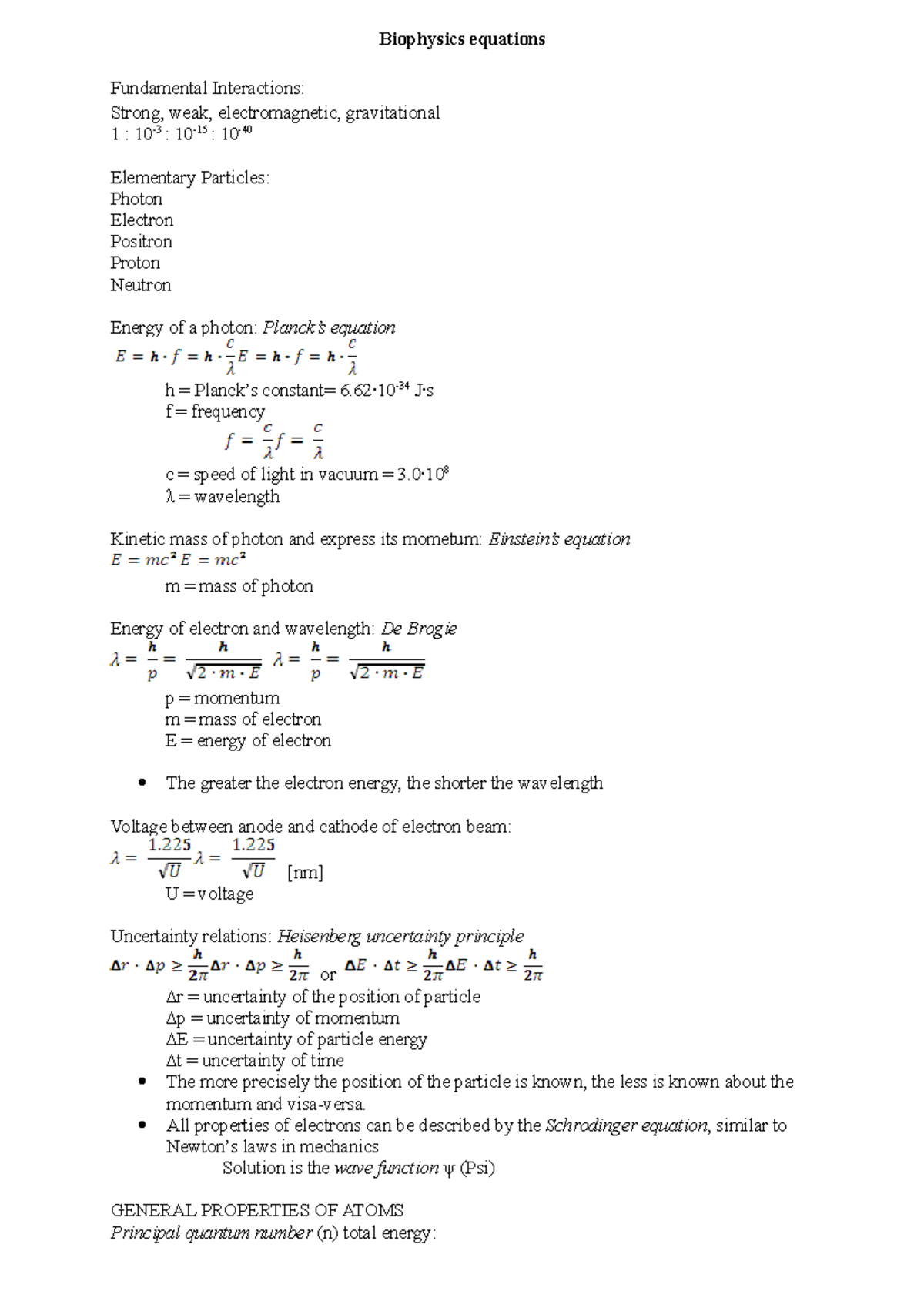Biophysics Exam Notes: Key Equations and Concepts - Studocu
