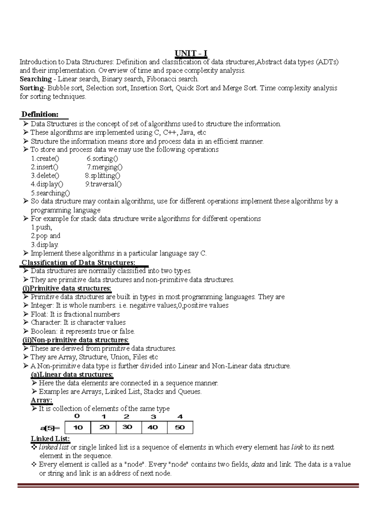 DS Unit I: Introduction to Data Structures and Algorithms - Studocu
