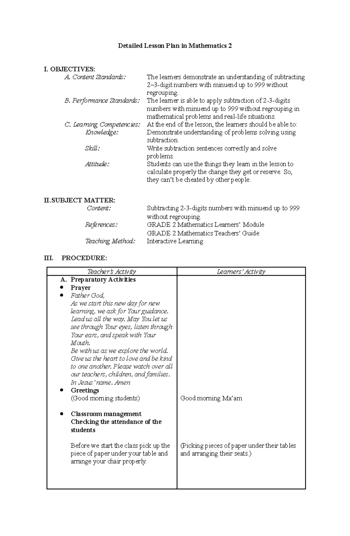 DLP-MATH Lesson Plan: Subtracting 2-3 Digit Numbers without Regrouping ...