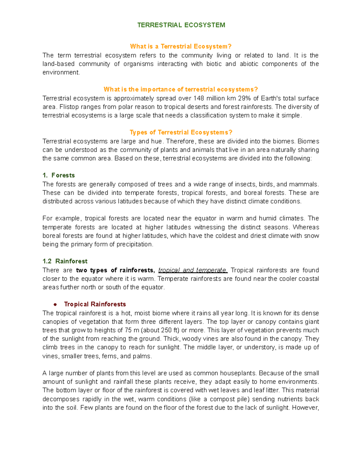 Understanding Terrestrial Ecosystems: Types and Importance - Studocu