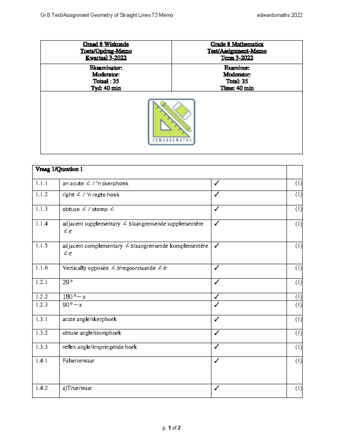 Gr 8 Geometry of Straight Lines T3 Memo 2022 - Studocu