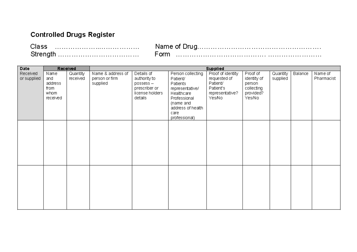Blank CD register - temple - Controlled Drugs Register Class