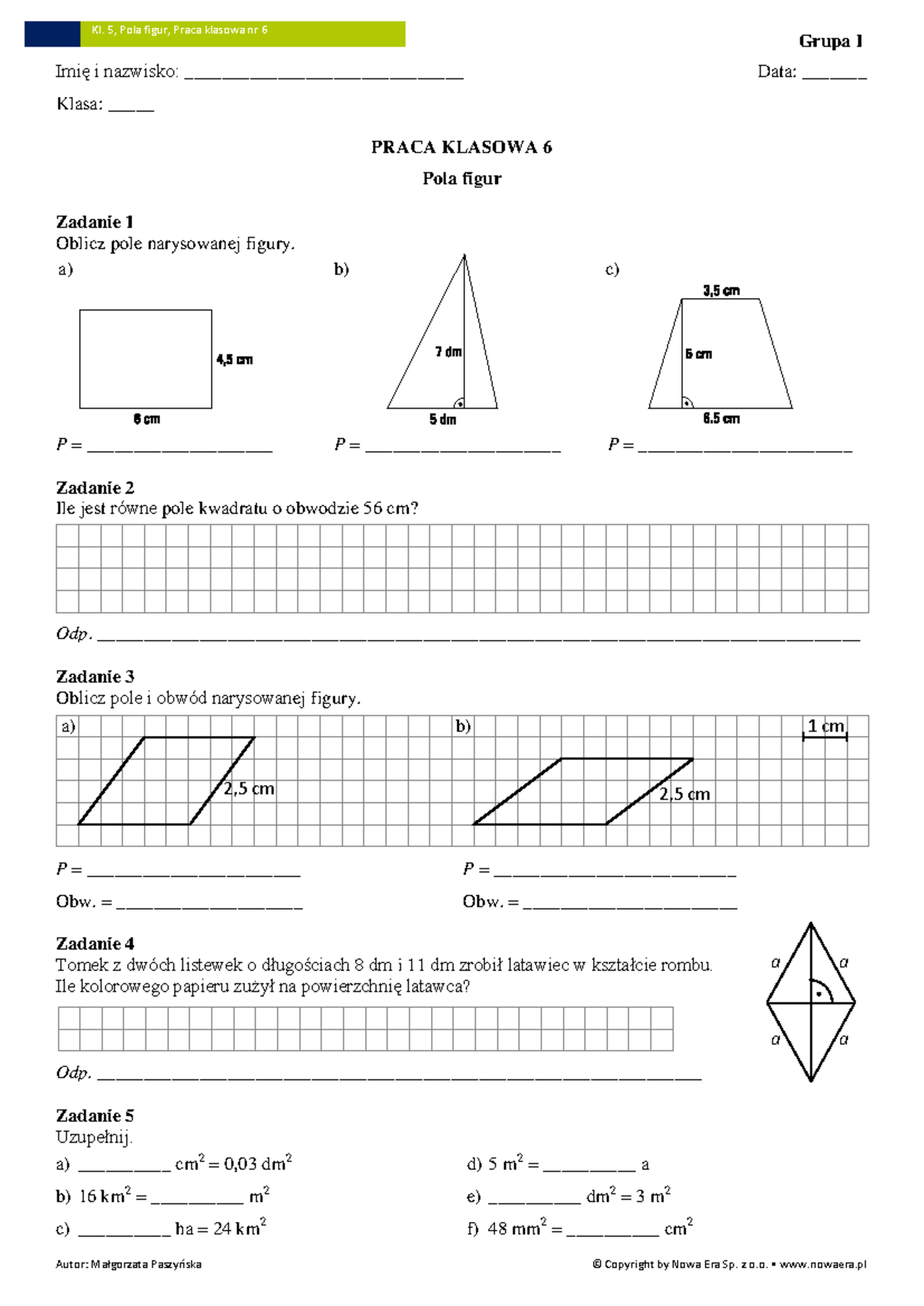 715679405 Praca Klasowa - Dział 6: Pola Figur i Obwody - Studocu