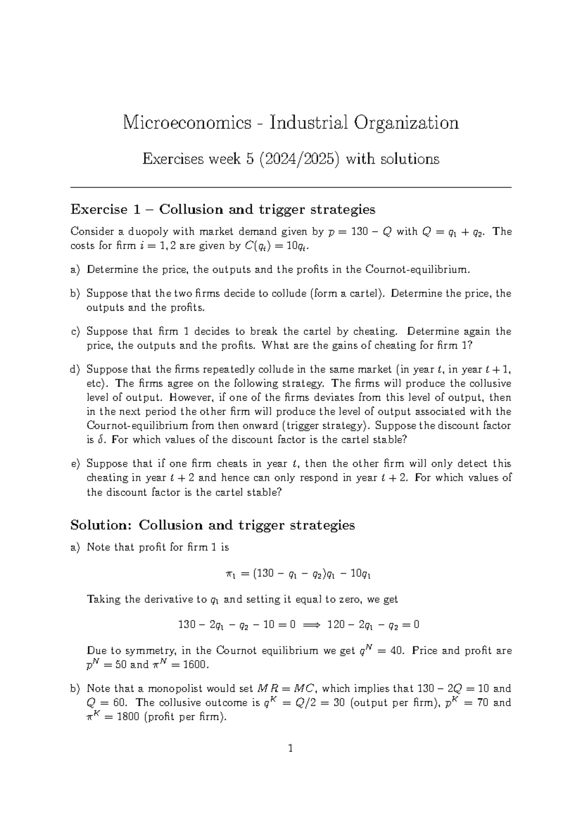 Microeconomics (2024/2025) Week 2 Exercises - Industrial Organization ...