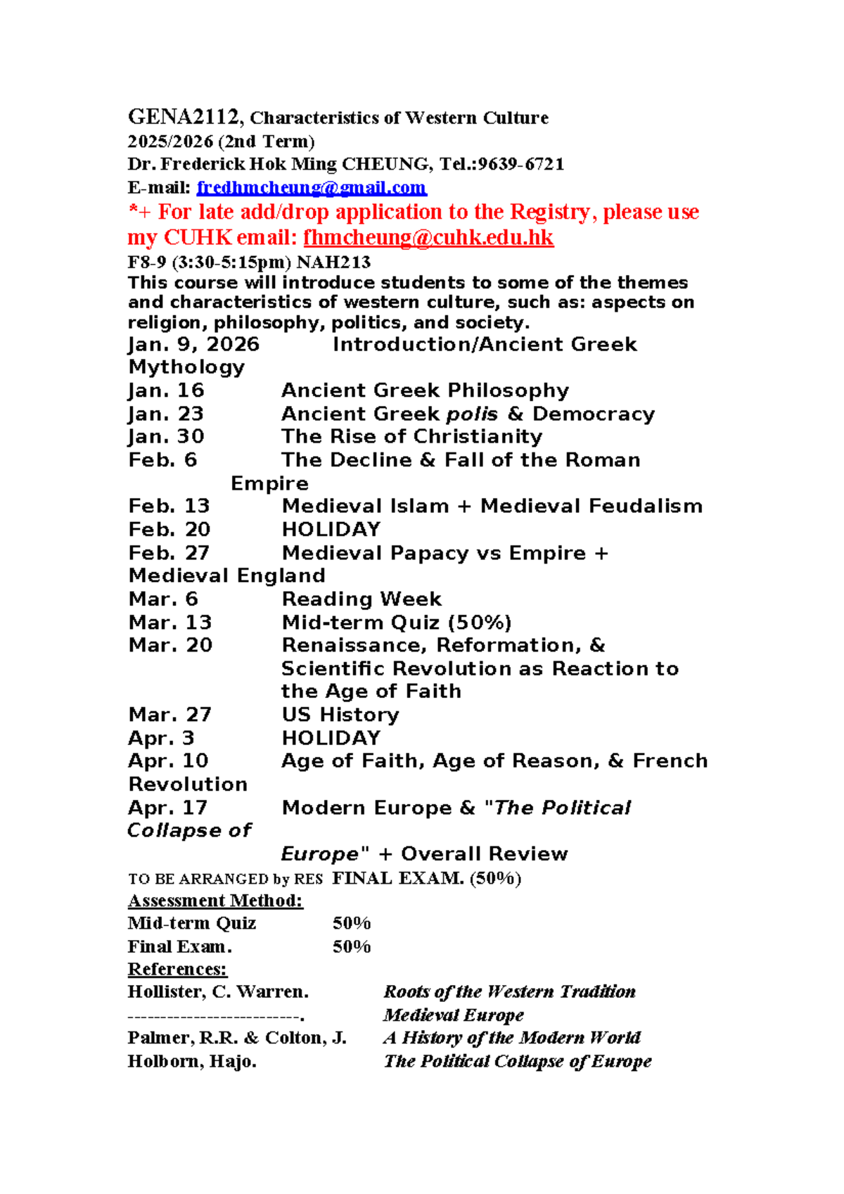 GENA2112 Course Outline: Themes in Western Culture - Studocu