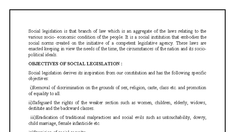 Labour Law II: Social Legislation and Welfare Provisions Notes - Studocu
