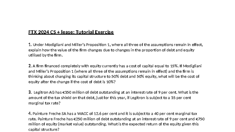 FTX 2024 CS+L Tutorial Exercise: Capital Structure Analysis - Studocu