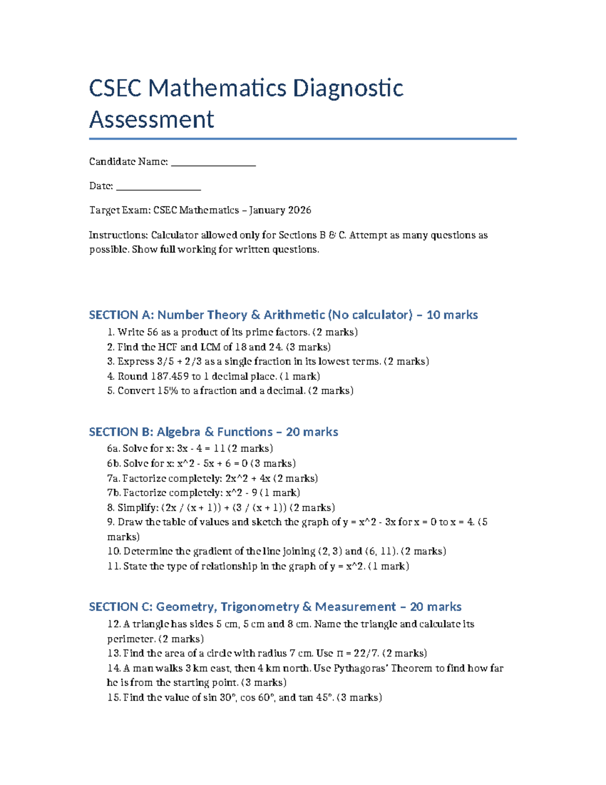 CSEC Math Diagnostic Assessment - January 2026 Exam Prep - Studocu