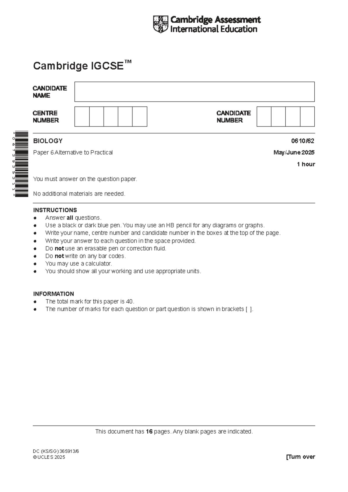 Cambridge 0610/62 Biology Paper 6 Alternative to Practical 2025 - Studocu