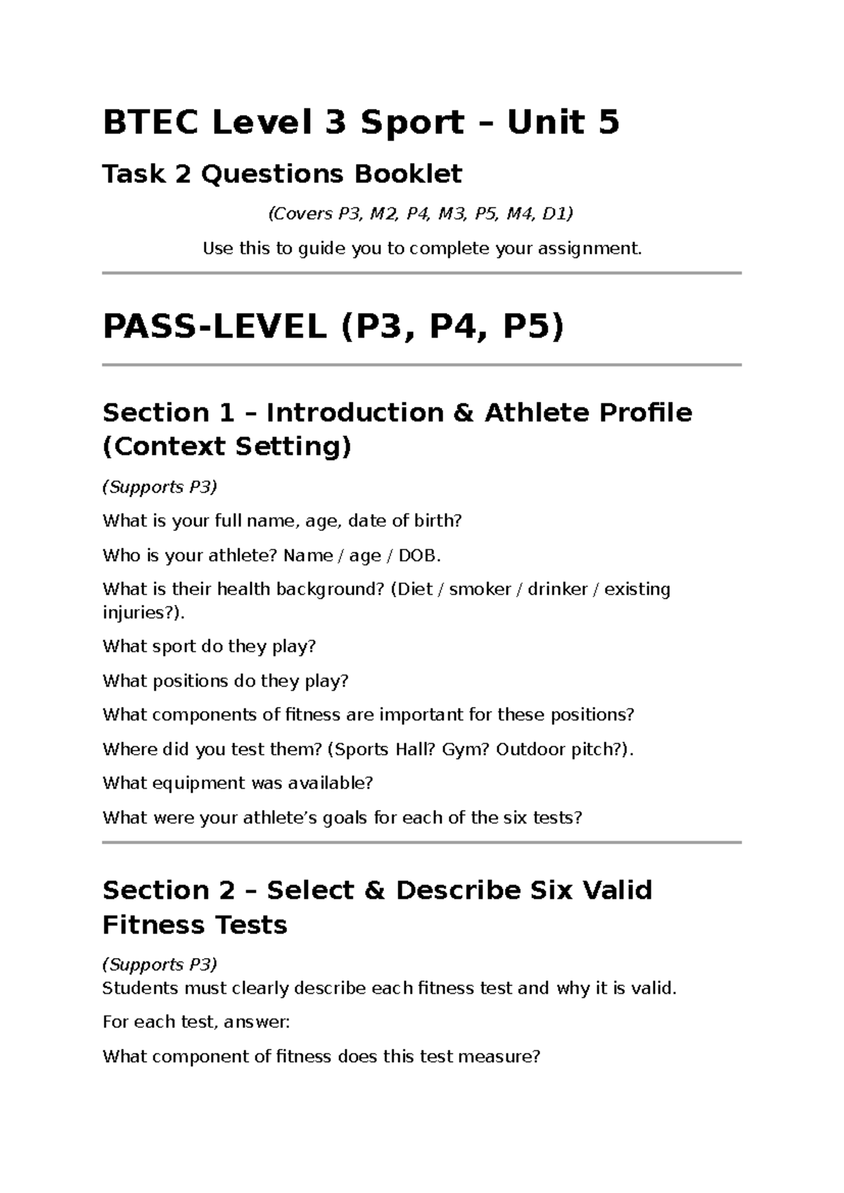 BTEC Level 3 Sport Unit 5 Task 2: Fitness Testing Guide (P3, P4, M3, M4 ...