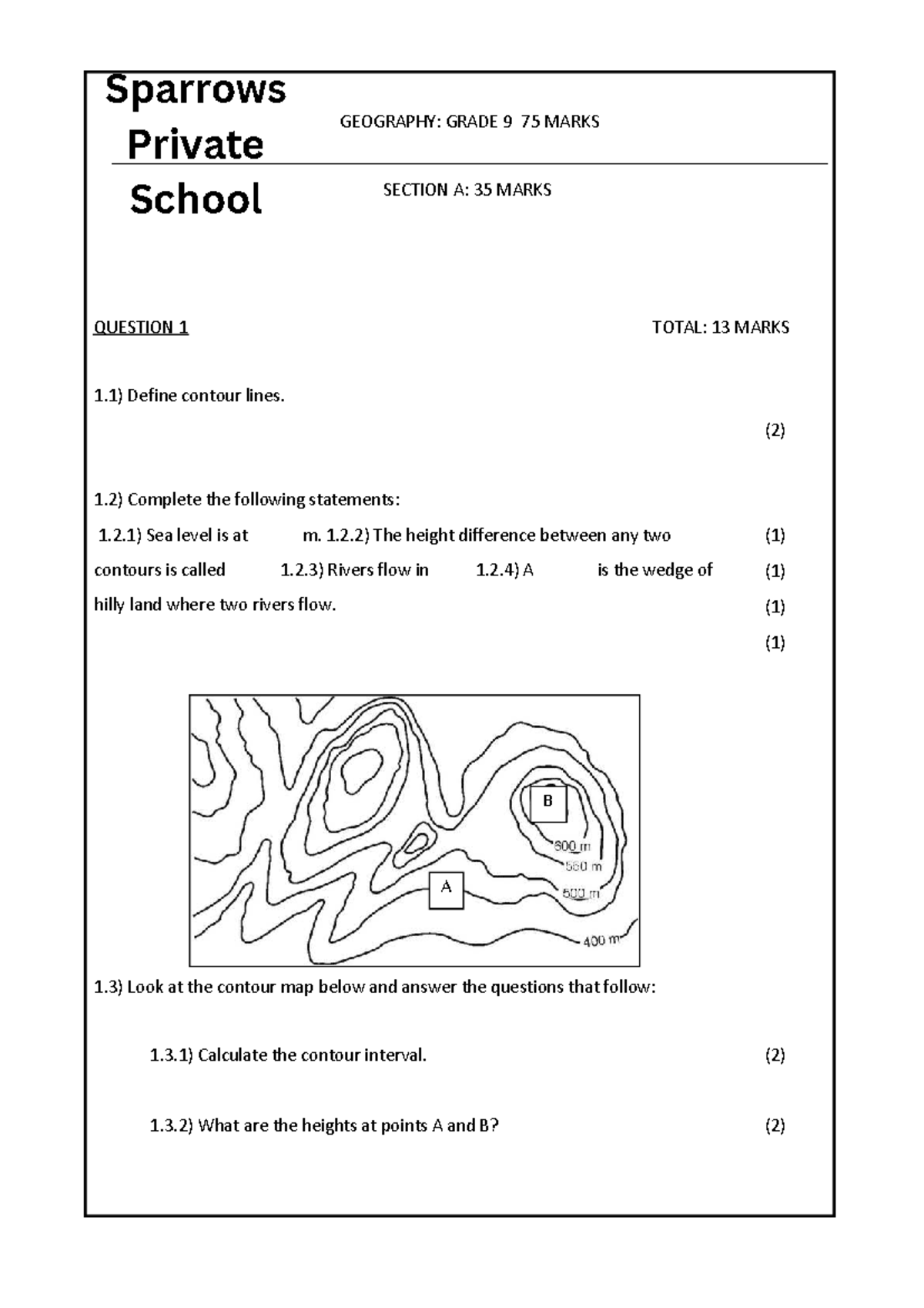 Grade 9 Geography Exam: Contour Lines & Development Indicators - Studocu
