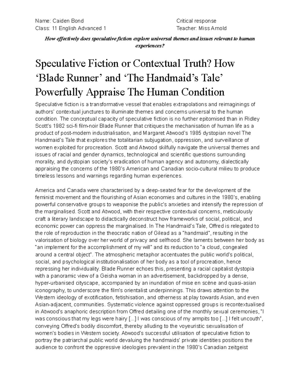 11 English Advanced Critical Response: Speculative Fiction's Universal ...