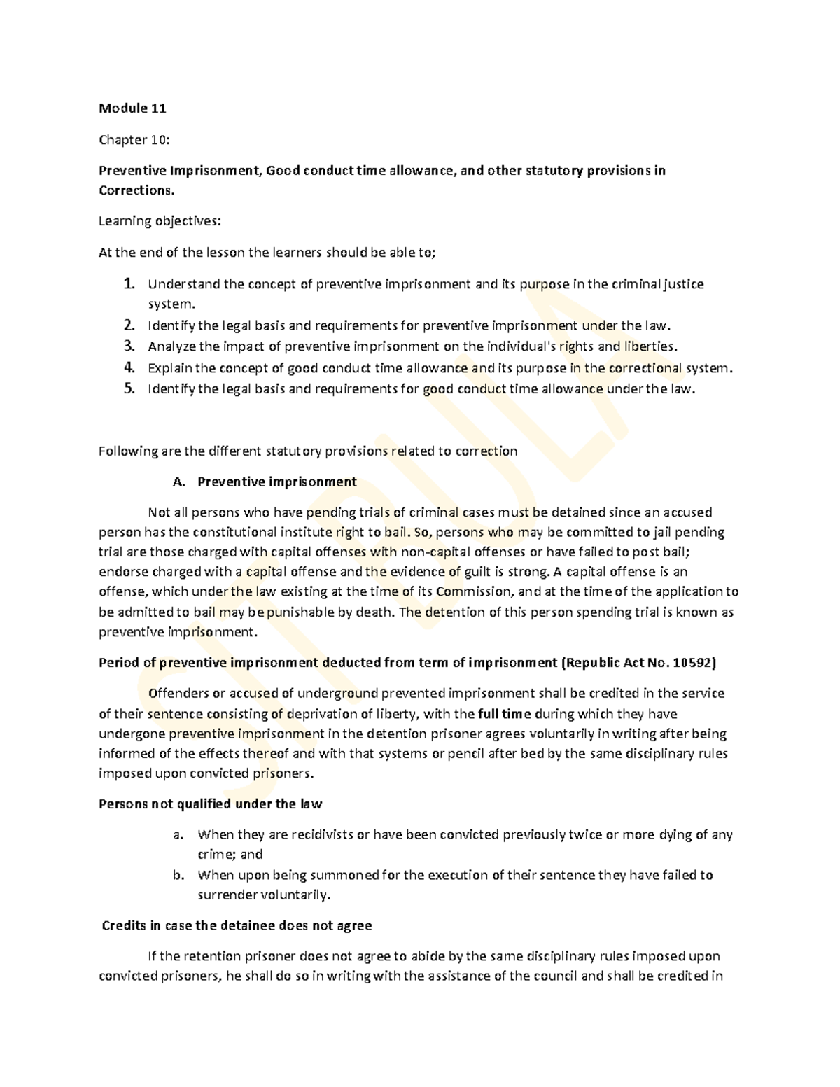 Module 11 - Final Exam Notes on Preventive Imprisonment and GCTA - Studocu