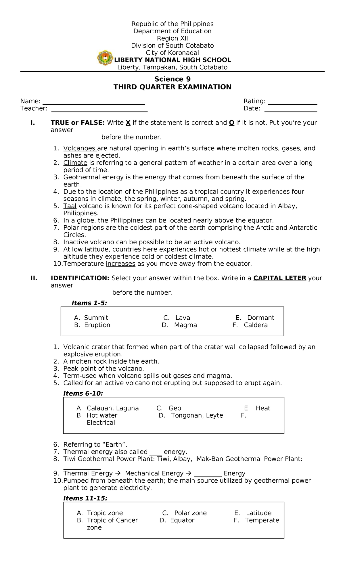 Science 9 Q3 Exam: Volcanoes, Climate, and Geothermal Energy - Studocu
