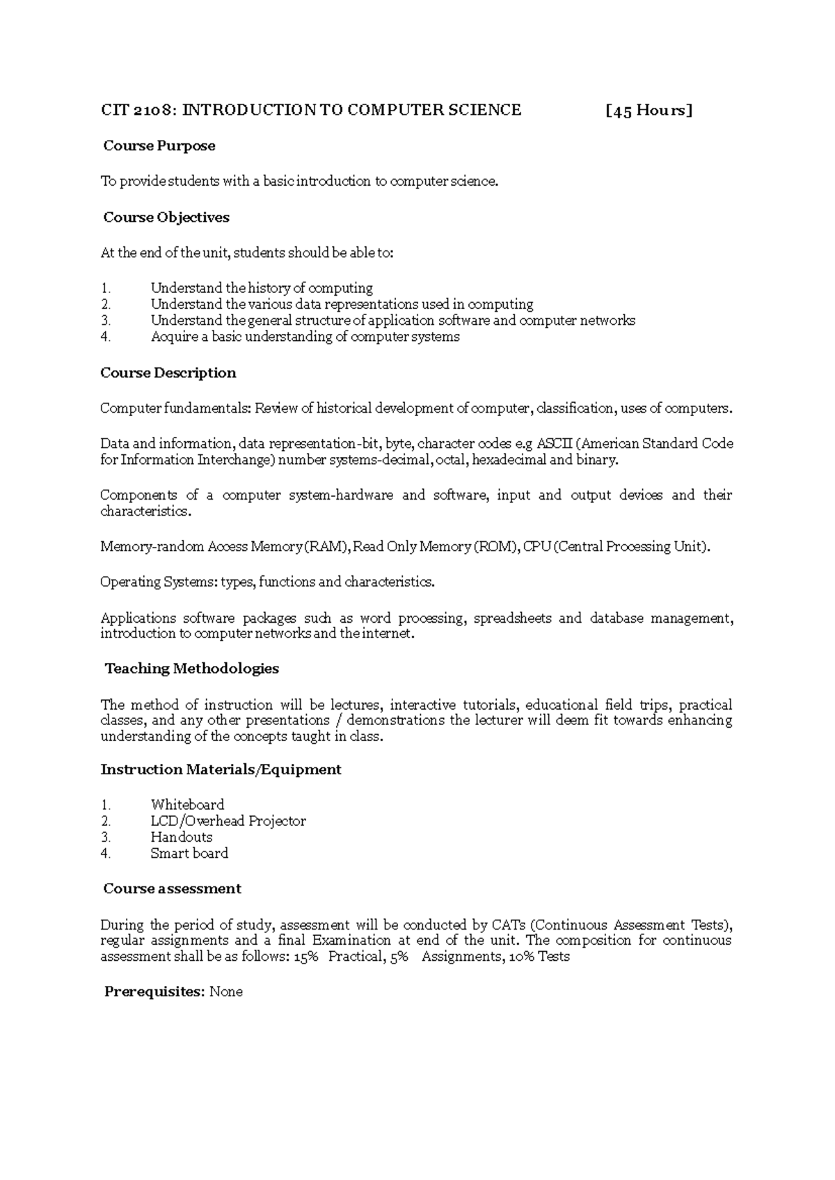 CIT 2108: Intro to Computer Science - Course Overview & Objectives - Studocu