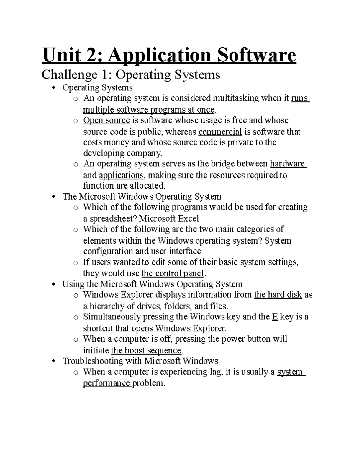 Unit 2 Notes - Unit 2: Application Software Challenge 1: Operating ...