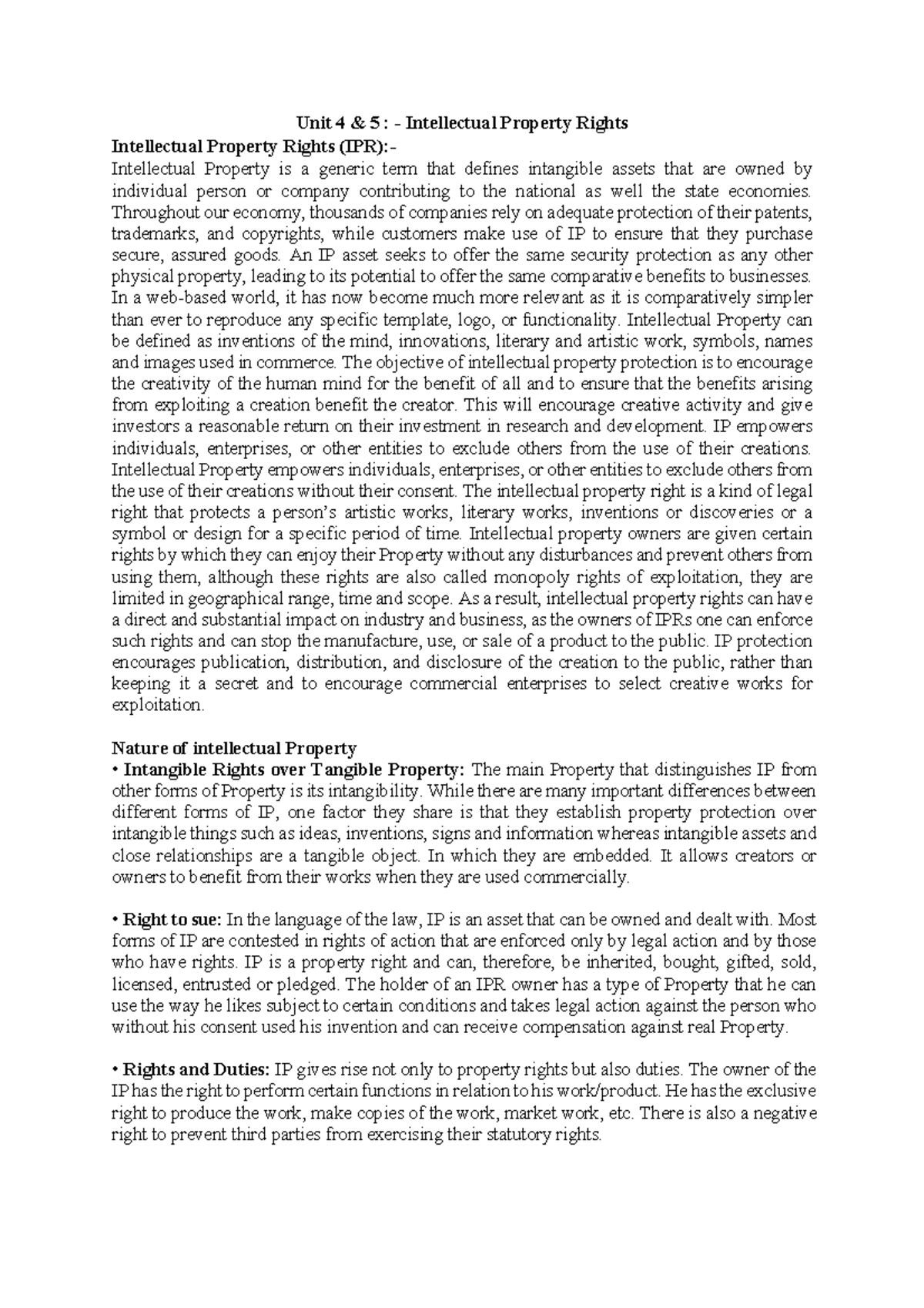 Unit 4 & 5 - IPR - Comprehensive Notes on Intellectual Property Rights ...