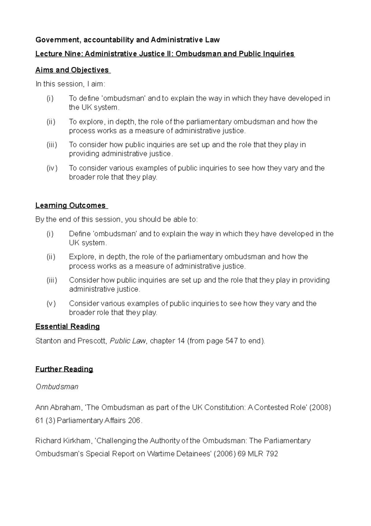 Lecture 9: Administrative Justice II - Ombudsman & Public Inquiries ...