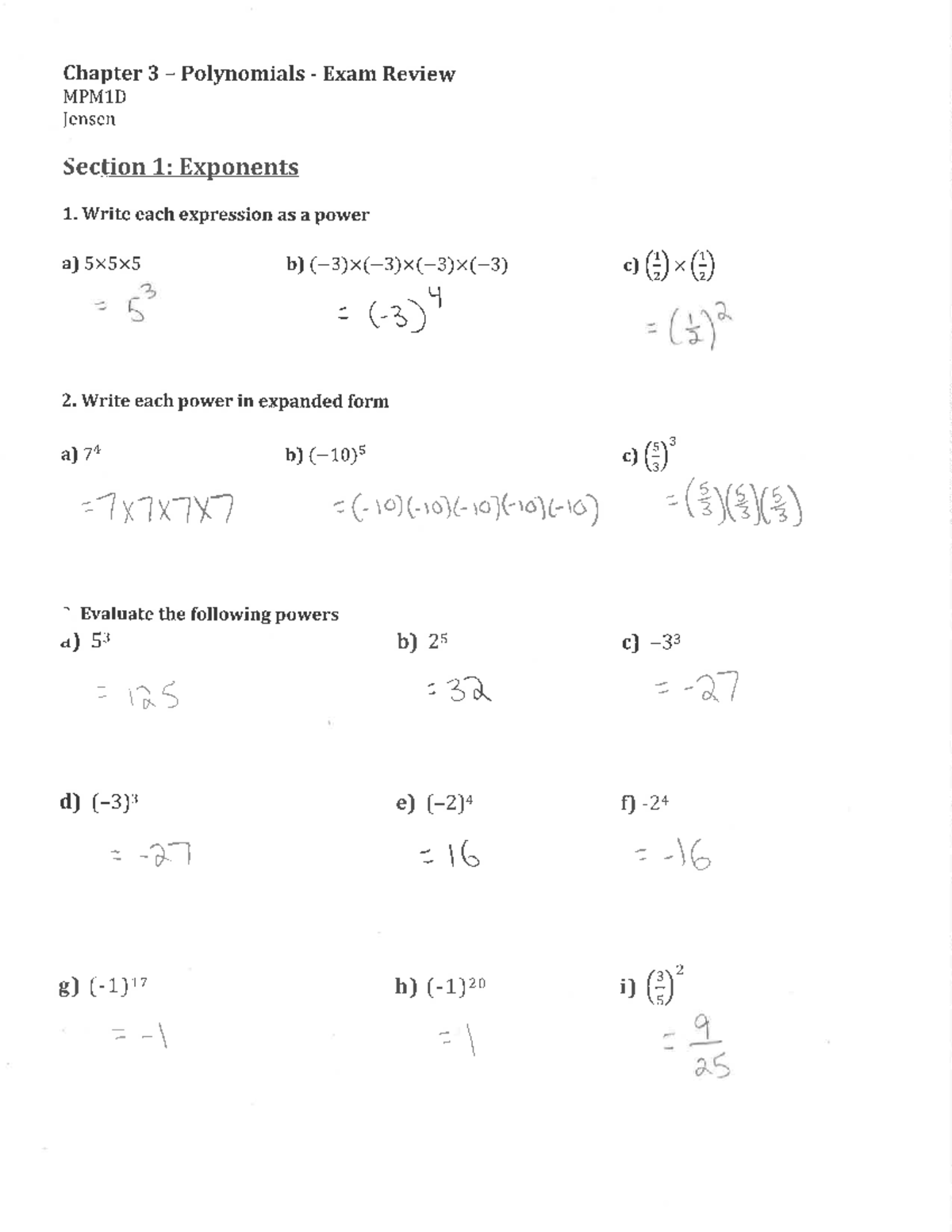 Chapter 3 MPM1D Exam Review: Polynomials & Exponents Solutions - Studocu