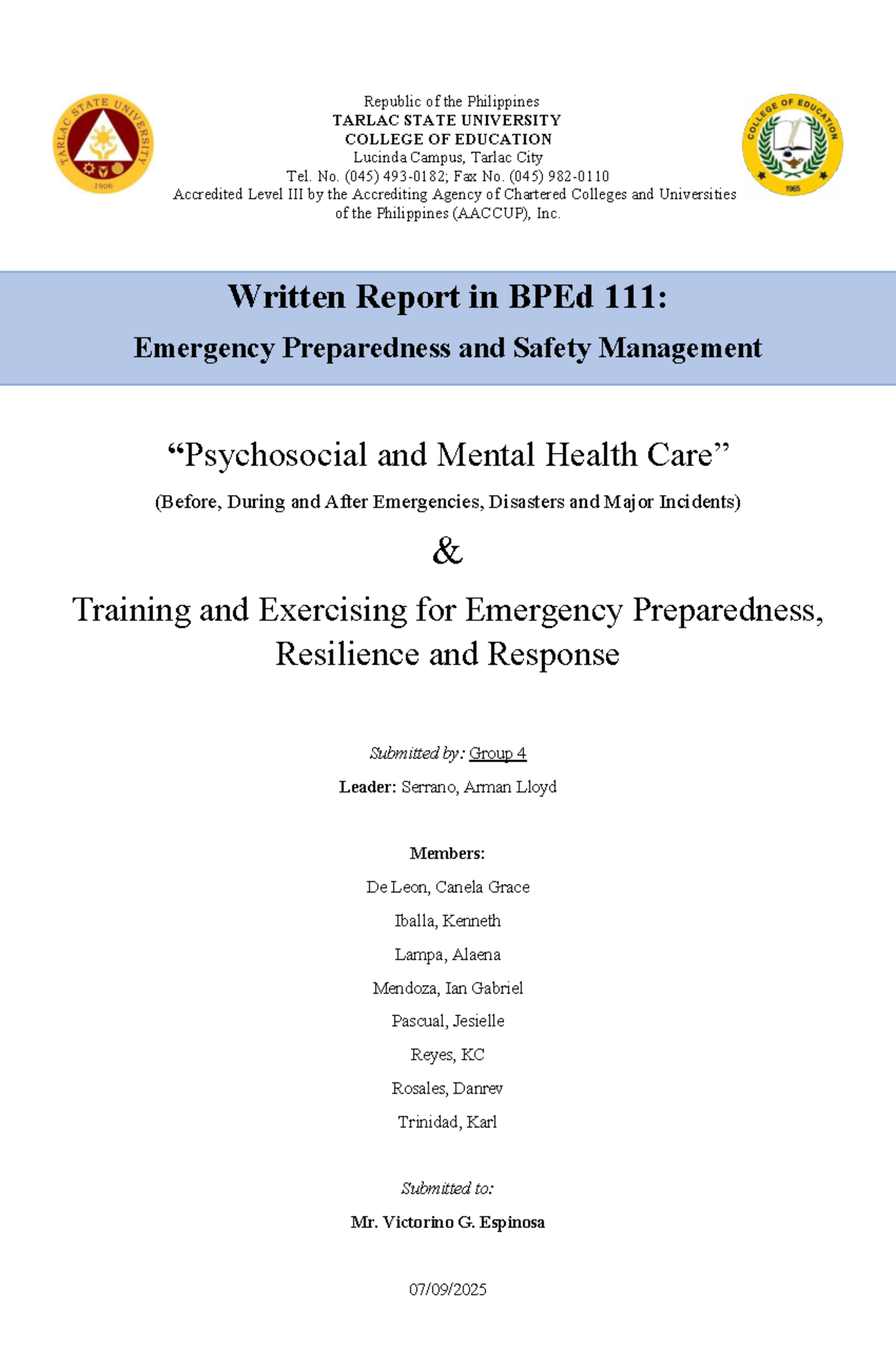 BPEd 111 - Group 4 Written Report on Emergency Preparedness & Mental ...