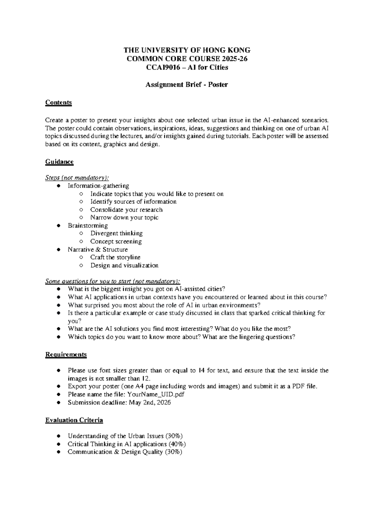 CCAI9016 AI for Cities: Assignment Brief for Poster Presentation - Studocu