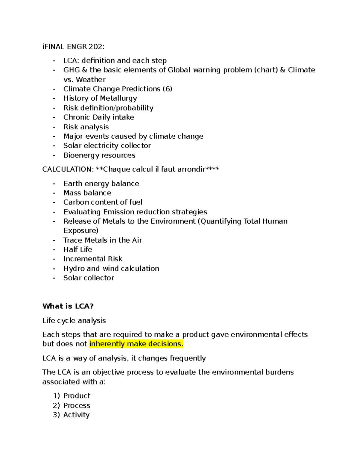 ENGR 202 Final Exam Prep: LCA, Climate Change, and Risk Analysis - Studocu