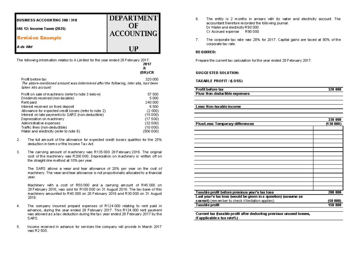 IAS12 Revision example and summary 2025 - BUSINESS ACCOUNTING 300 / 310 ...
