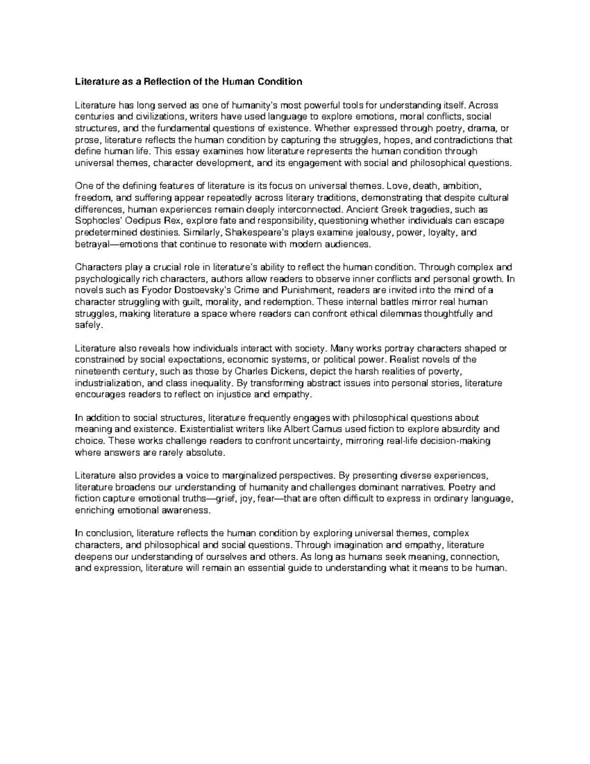 Literature Essay 2: Exploring the Human Condition - Studocu