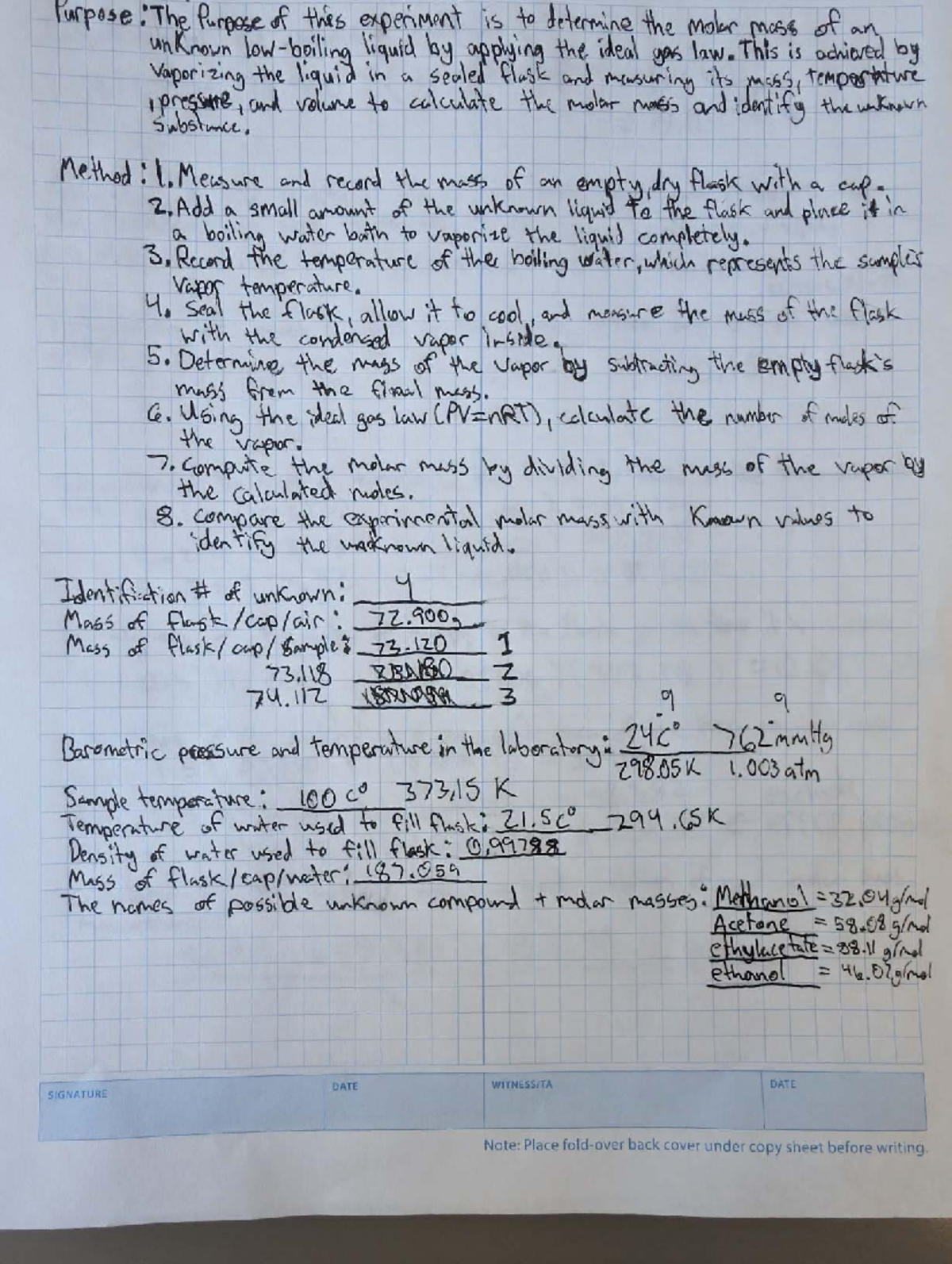 Lab 6: Determining Molar Mass of Unknown Liquid Using Ideal Gas Law ...
