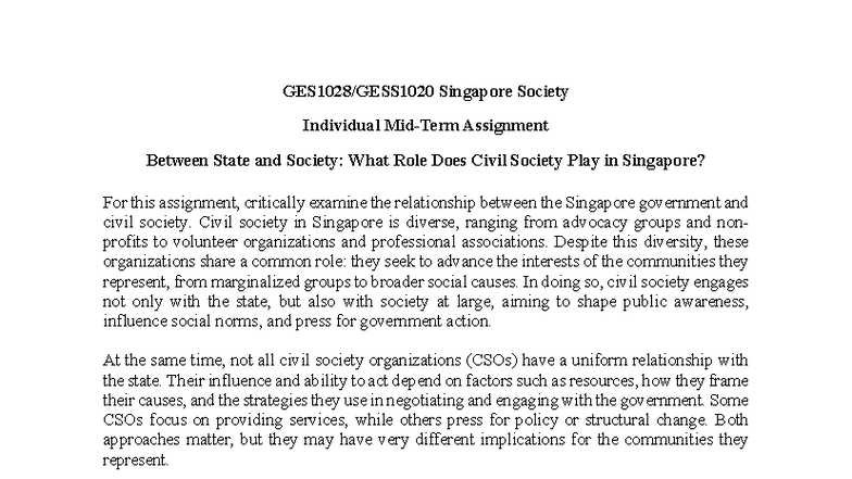 Sing Soc Individual Assignment: Civil Society's Role in Singapore - Studocu