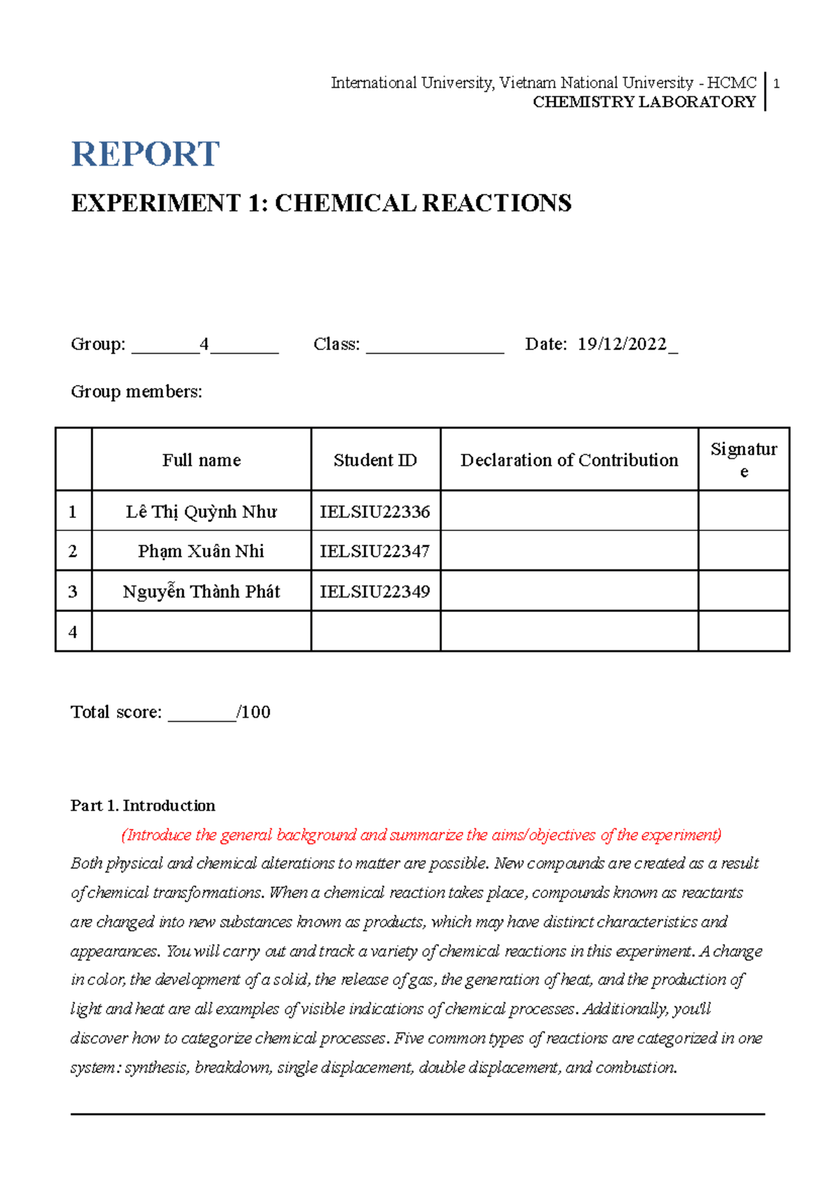 CHEM LAB Report Template - CHEMISTRY LABORATORY REPORT EXPERIMENT 1 ...