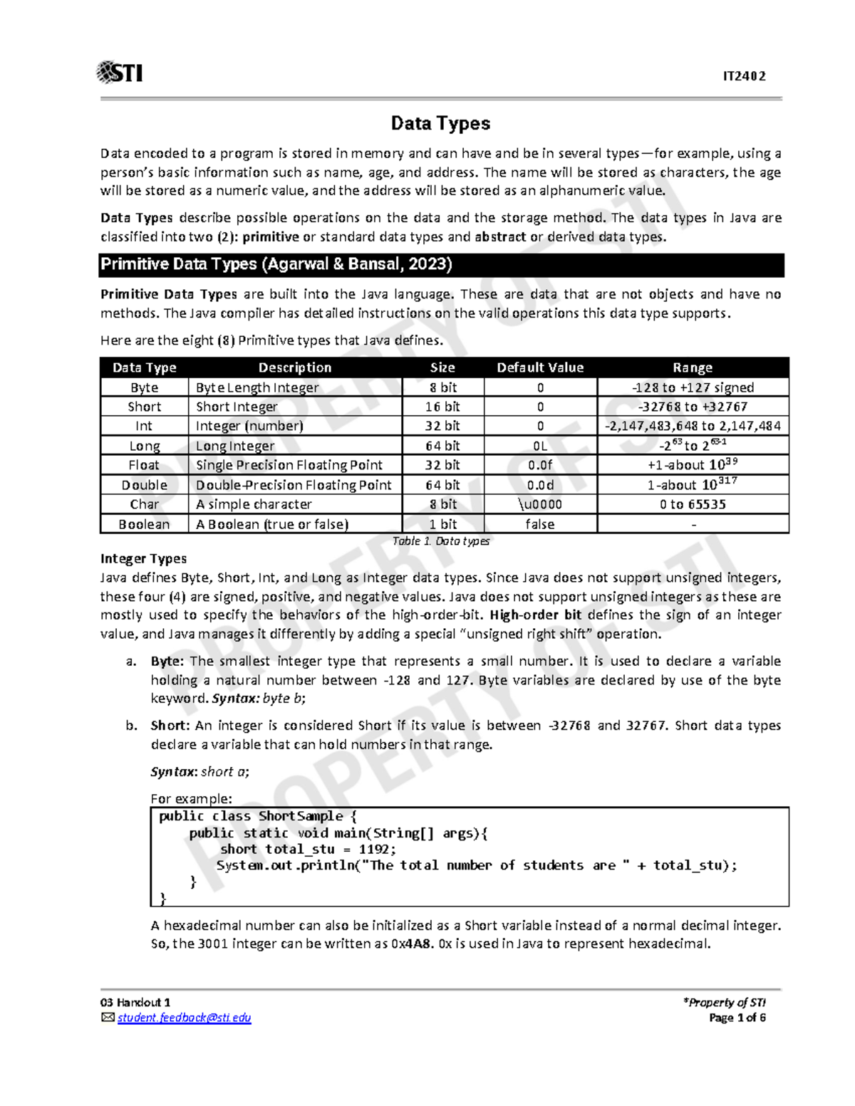 Java Data Types Overview - 03 Handout 1 - Studocu