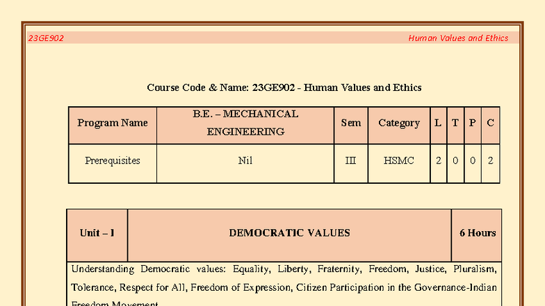 23GE902 Human Values and Ethics: Understanding Democratic Values - Studocu