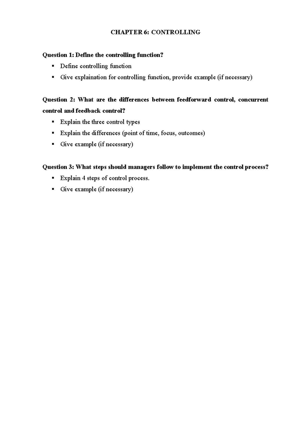 Câu hỏi ôn tập chương 6 - CHAPTER 6: CONTROLLING Question 1: Define the ...