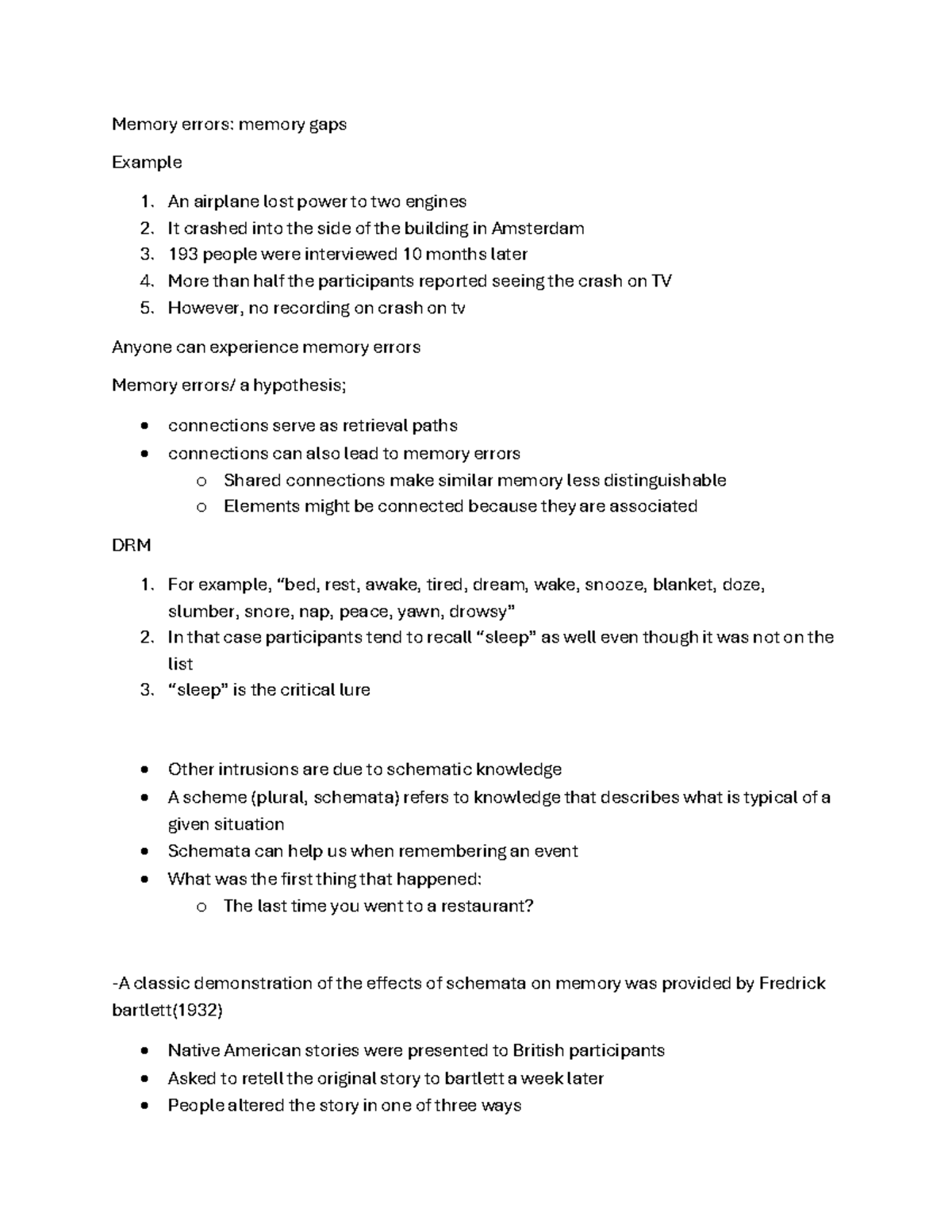 Notes for pysch (memory) - Memory errors: memory gaps Example 1. An ...