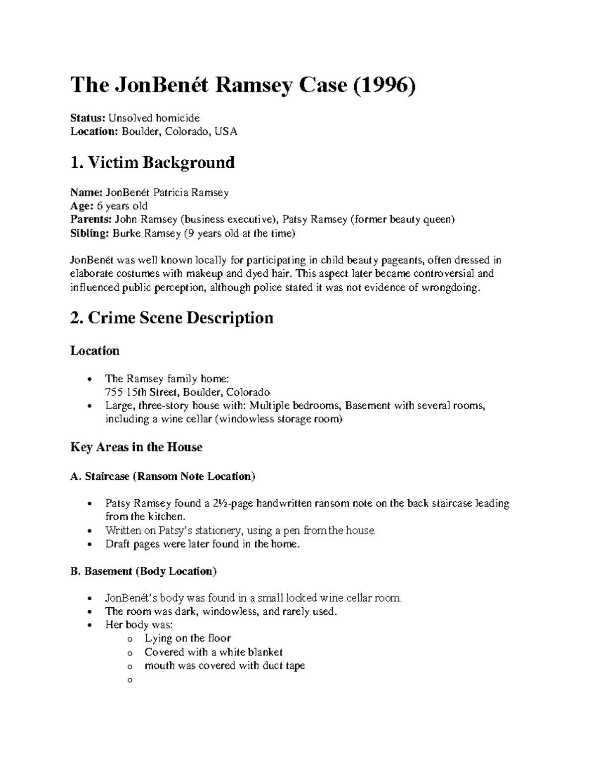 The JonBenét Ramsey Case (1996): Unsolved Homicide Overview - Studocu