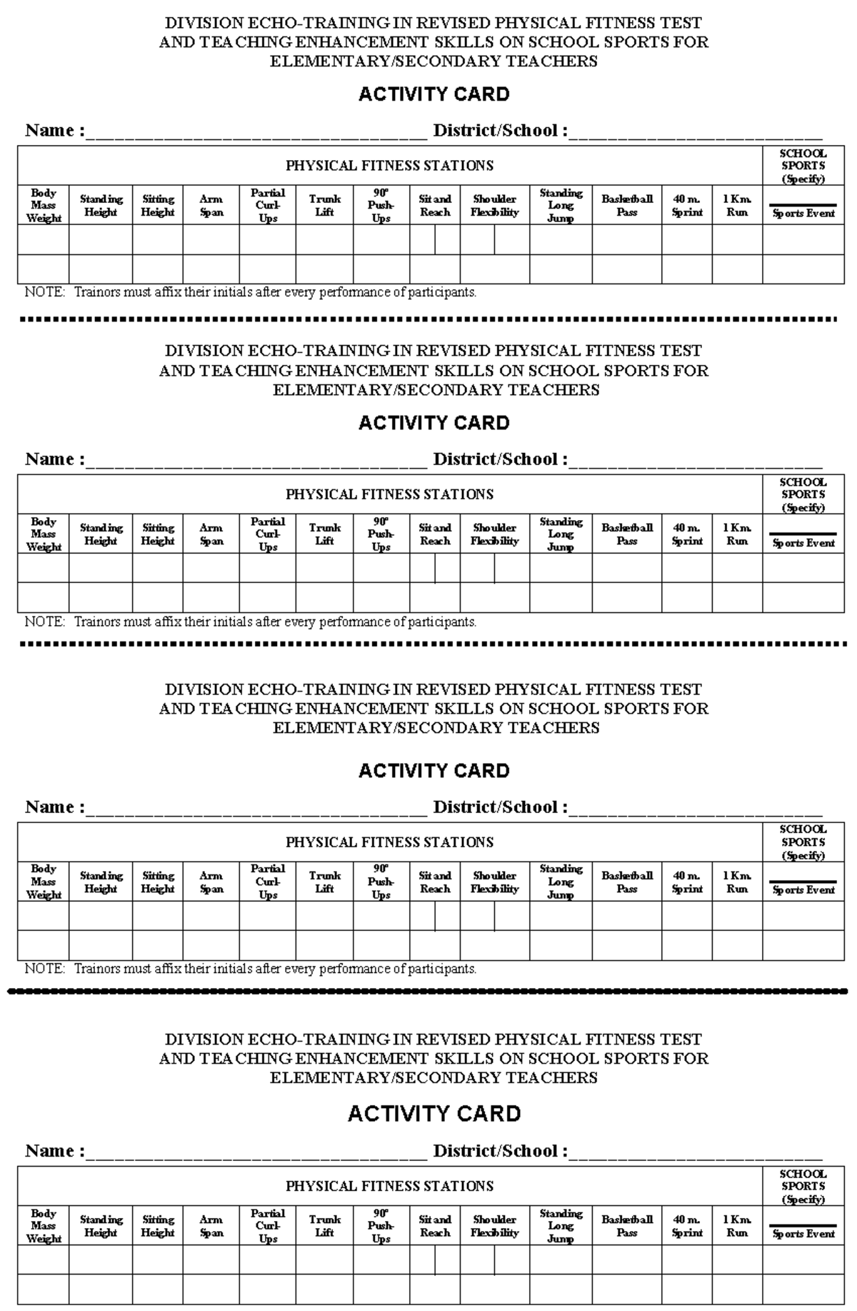 100672730 Revised Physical Fitness Test Activity Card for Teachers ...