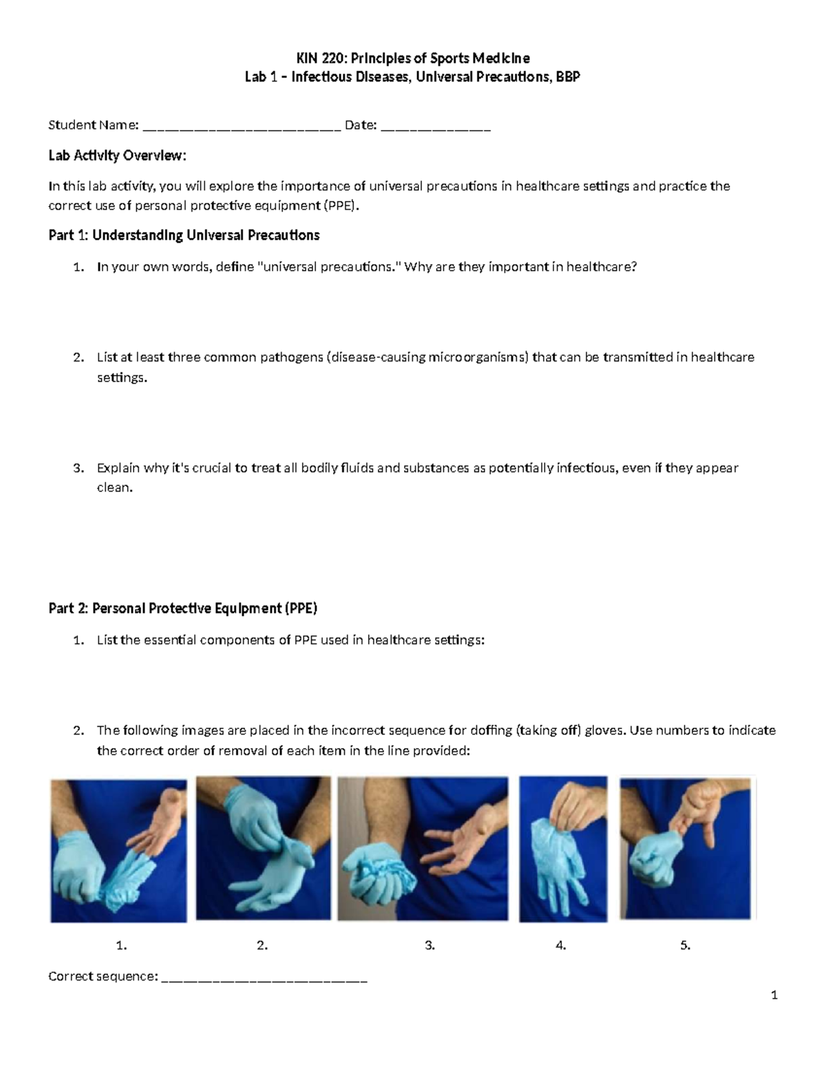 KIN 220: Lab 1 - Universal Precautions & PPE in Sports Medicine - Studocu