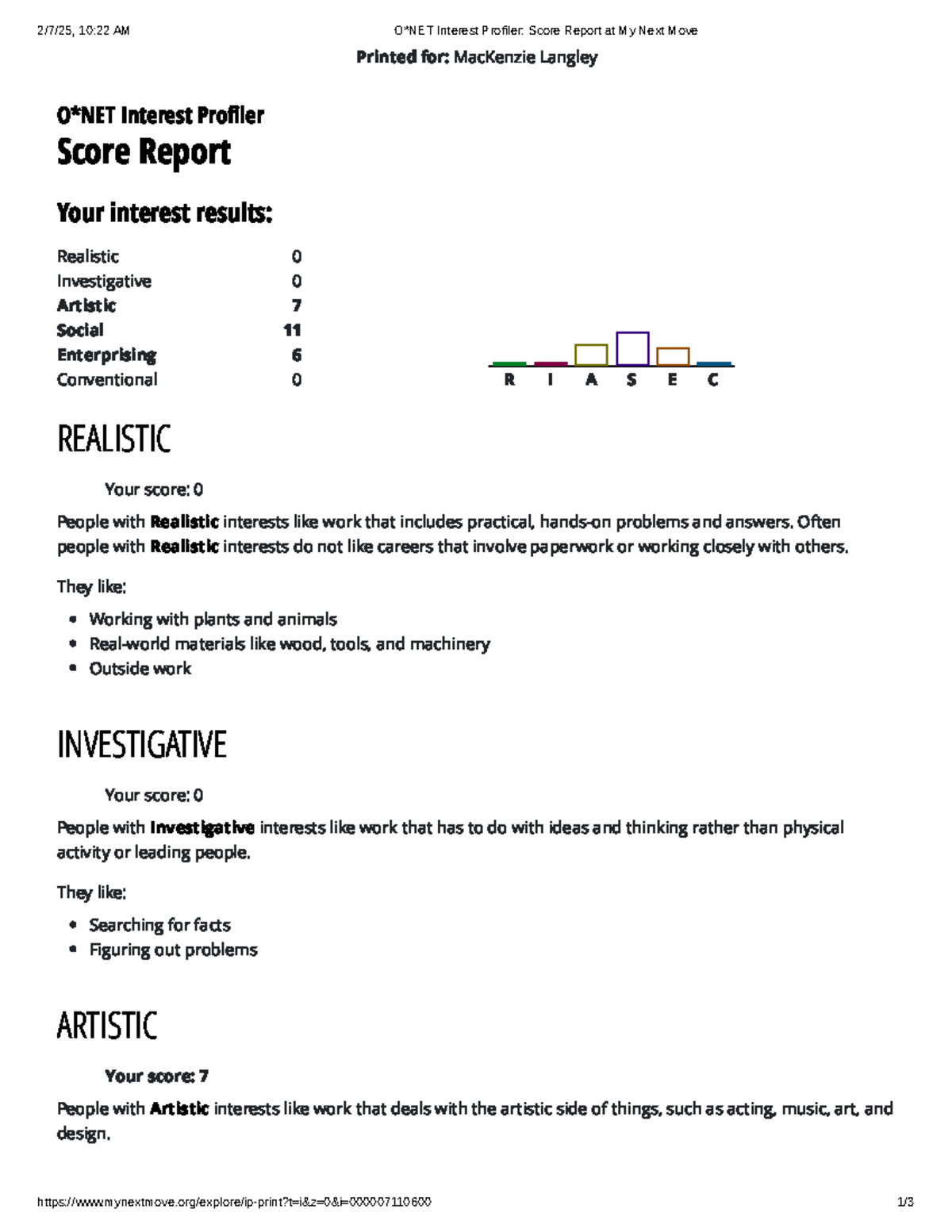 O NET Interest Profiler Score Report at My Next Move - Printed for ...
