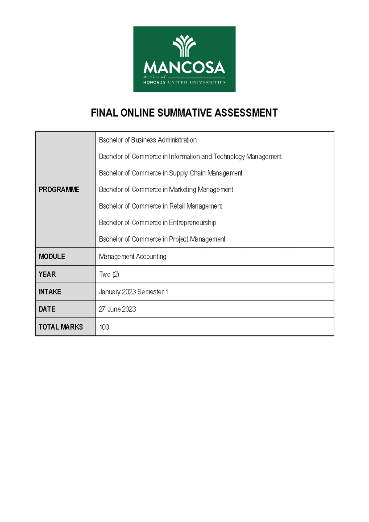 MANCOSA Institutional Rules 2021: Compliance and Student Guidelines ...