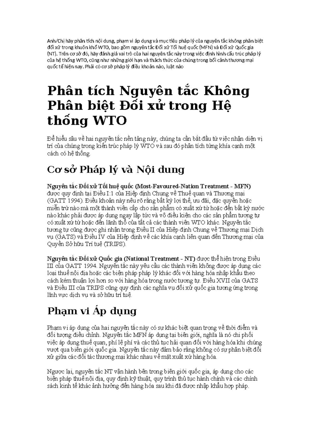 Phân Tích Nguyên Tắc Không Phân Biệt Đối Xử trong Hệ Thống WTO: MFN và ...
